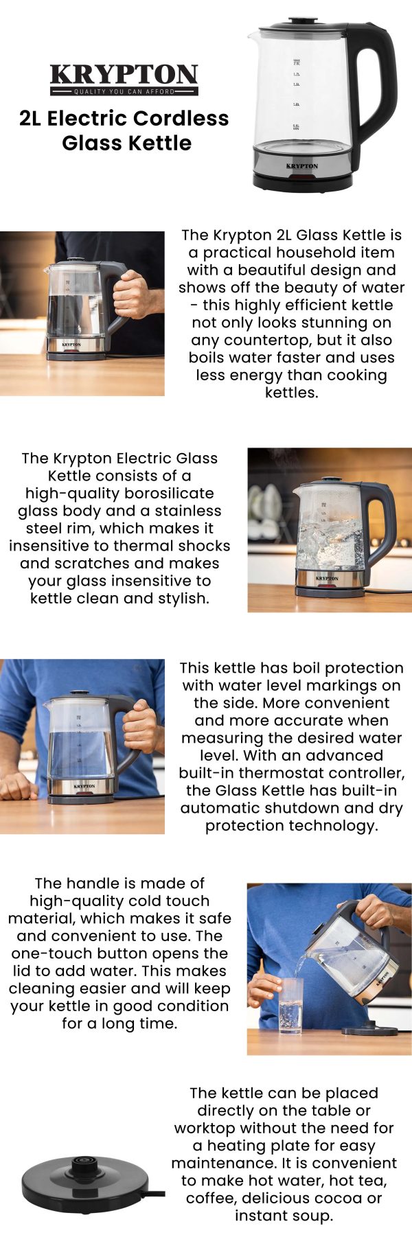 Krypton KNK6221 Electric Cordless Glass Kettle | PLUGnPOINT