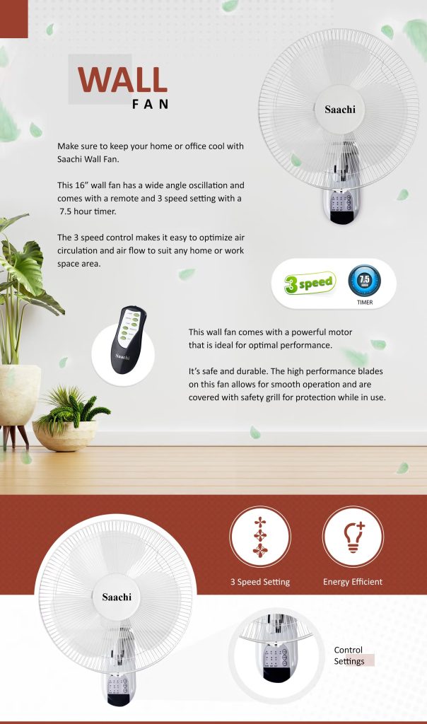 Saachi Wall Fan 16″ – NL-FN-1734W | PLUGnPOINT