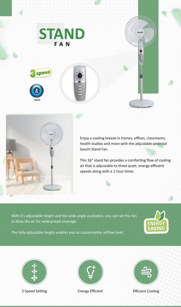 Saachi Stand Fan 16inch 45W, White – NL-FN-1736S-WH - PLUGnPOINT - The ...