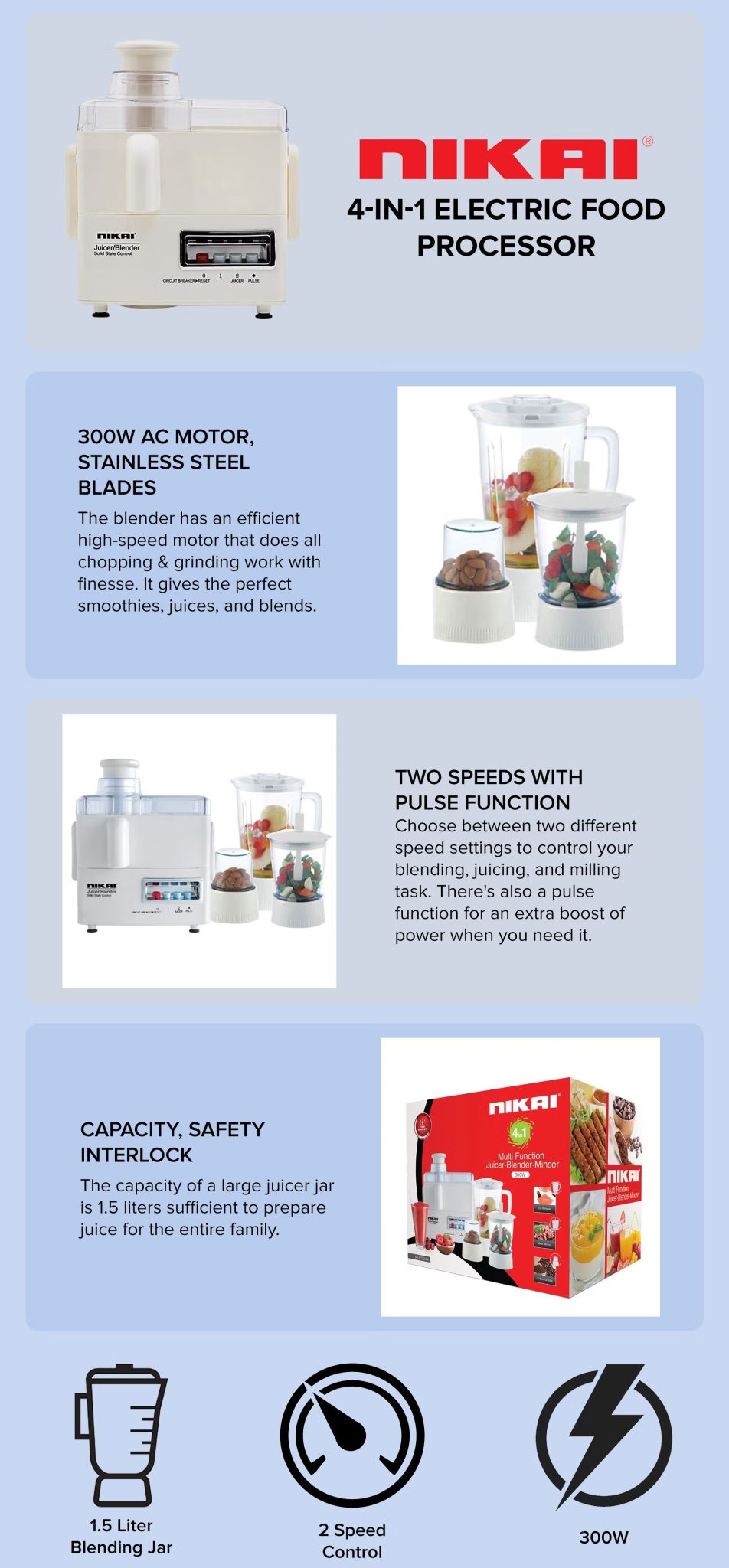 Nikai NFP1724N 4-In-1 Electric Food Processor 300W | PLUGnPOINT