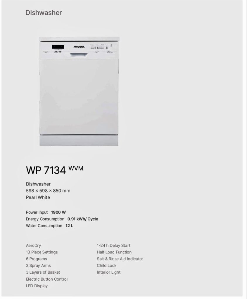 MODENA WP7134WVM 13 Place Settings Dishwasher | PLUGnPOINT