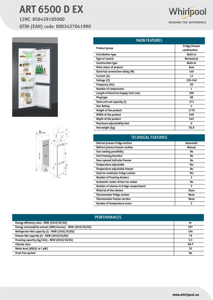 Whirlpool Built in Fridge Freezer, White – ART6500 DEX - PLUGnPOINT ...