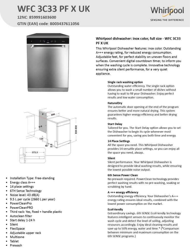 Whirlpool Dishwasher Full Size – WFC 3C33 PF X UK | PLUGnPOINT
