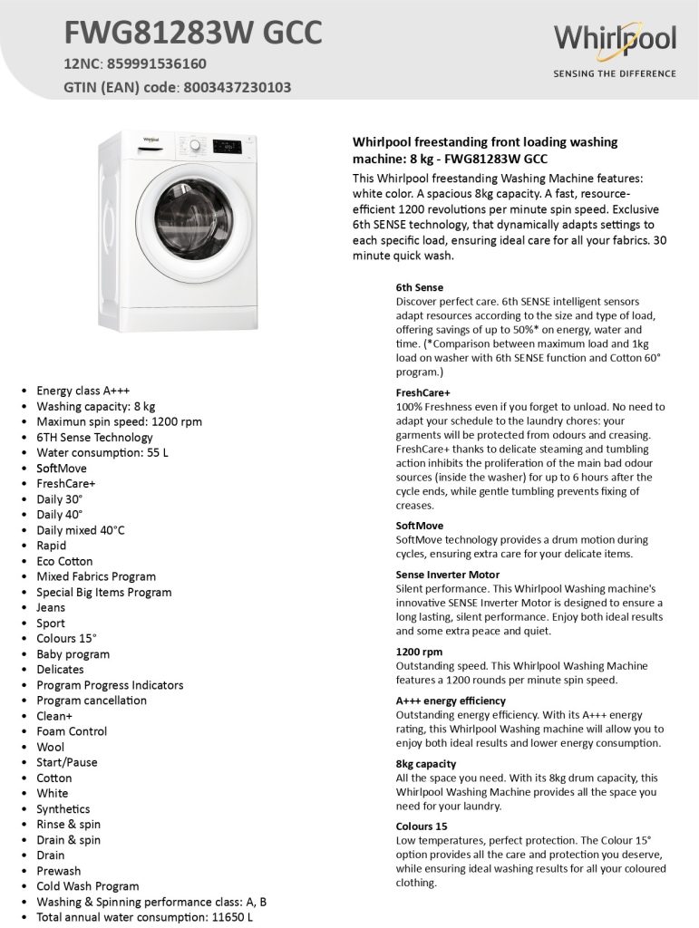 Whirlpool Front Load Washing Machine 8 KG, White – FWG81283WGCC ...