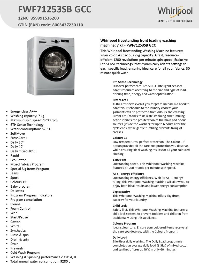 Whirlpool Freestanding Front Loading Washing Machine 7 KG, Silver ...