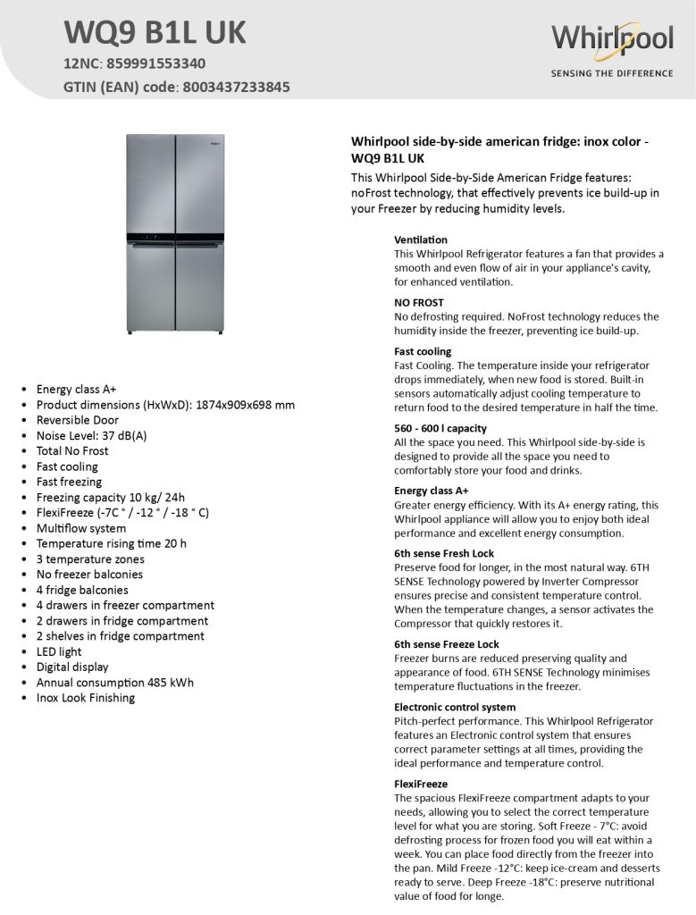 Whirlpool WQ9 B1L UK Side-by-Side Fridge/freezer 591L