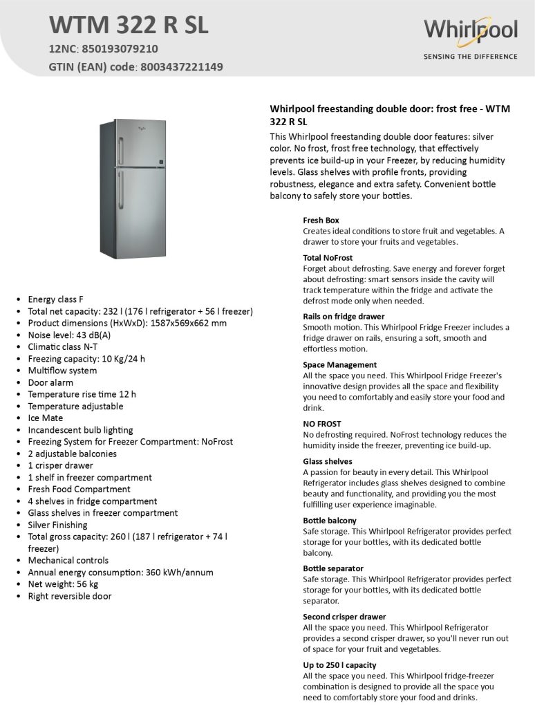 Whirlpool WTM322RSL Top Mount Refrigerator 232L | PLUGnPOINT