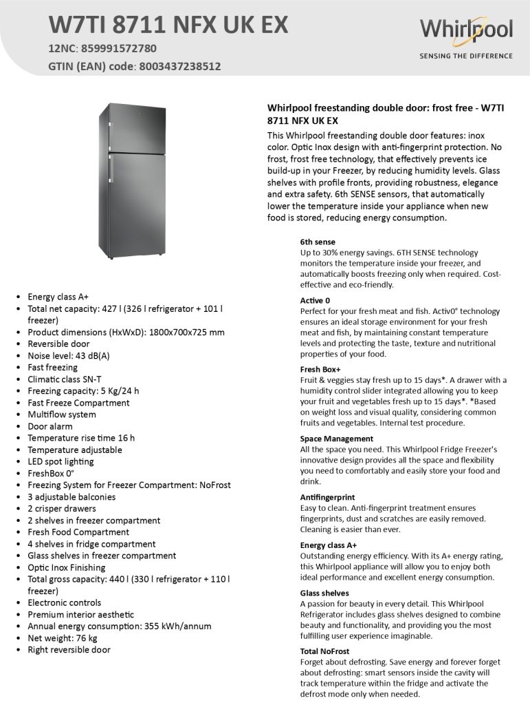 Whirlpool W7TI 8711 NFX EX Top Mount Refrigerators | PLUGnPOINT