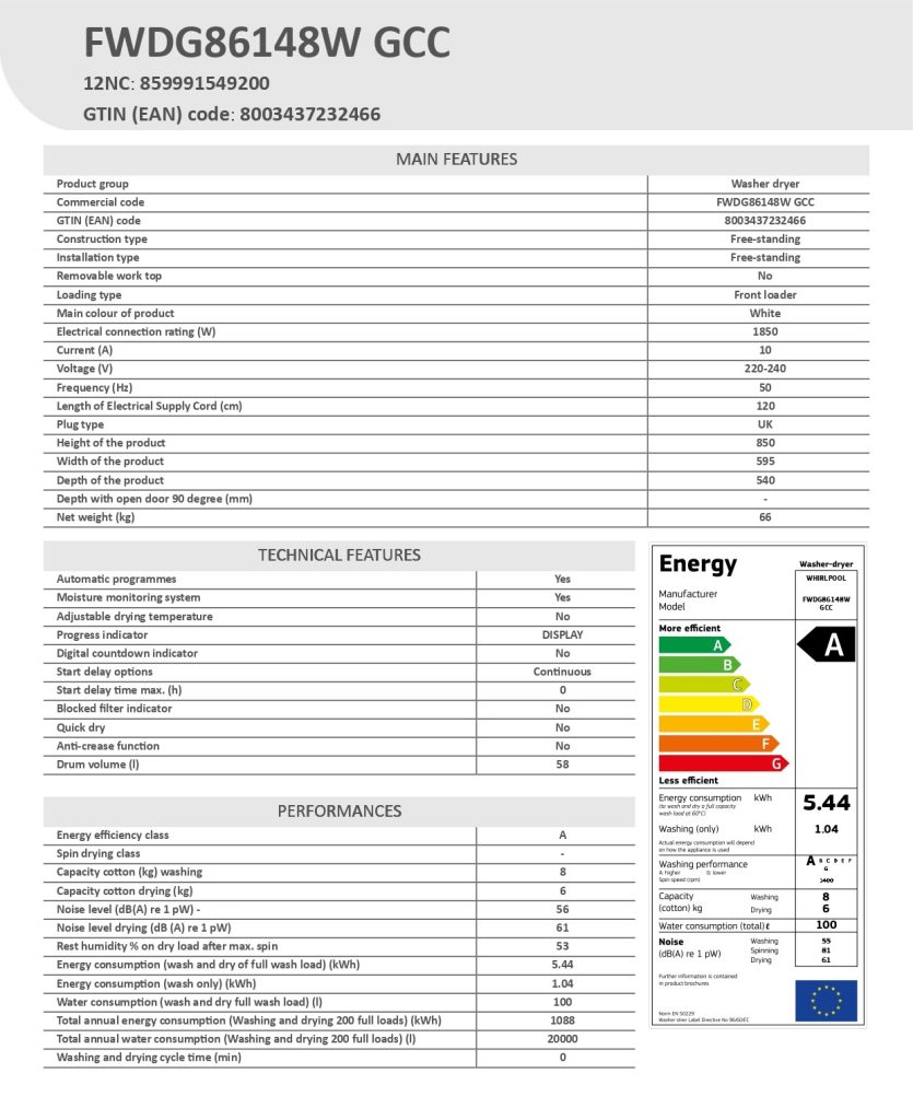 Whirlpool 8kg Front Load Washing Machine with 6kg Dryer