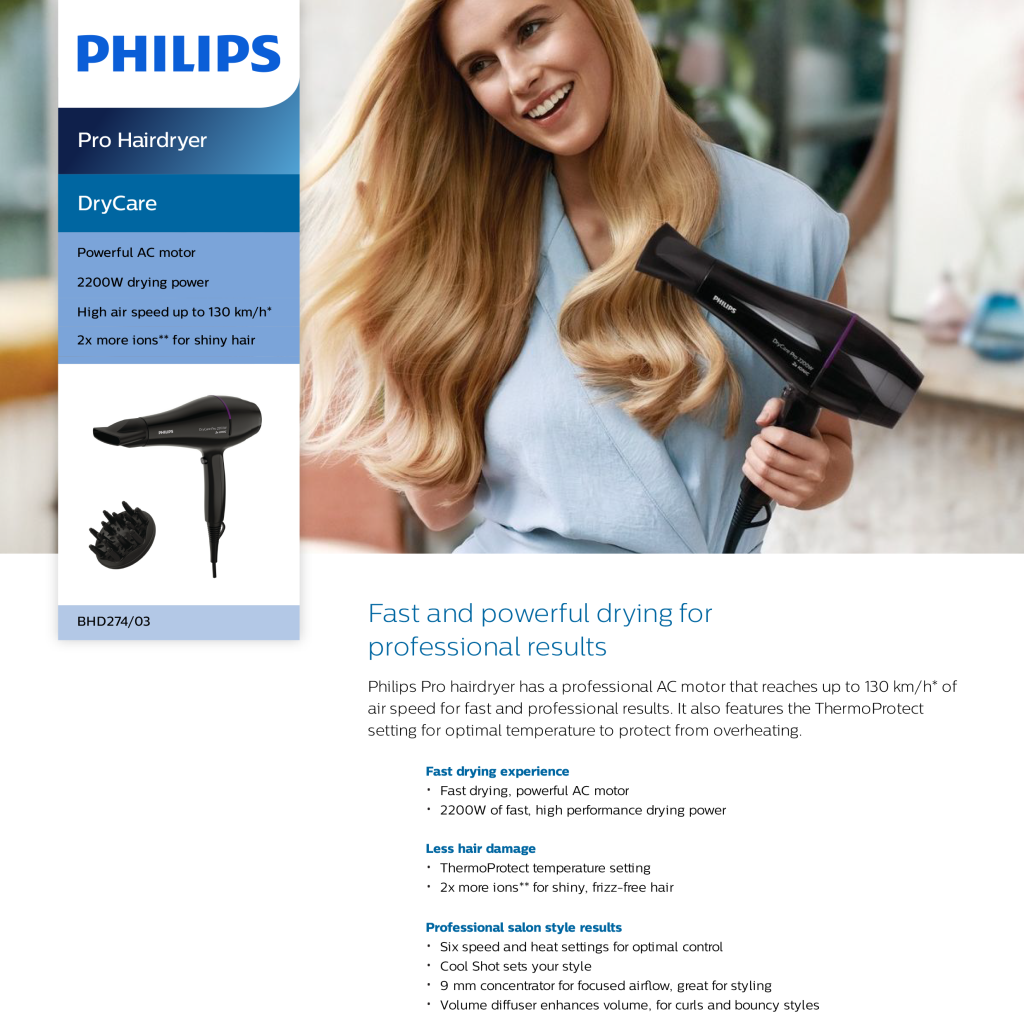 Philips Drycare Pro Hairdryer, Black – BHD274/03 - PLUGnPOINT - The ...