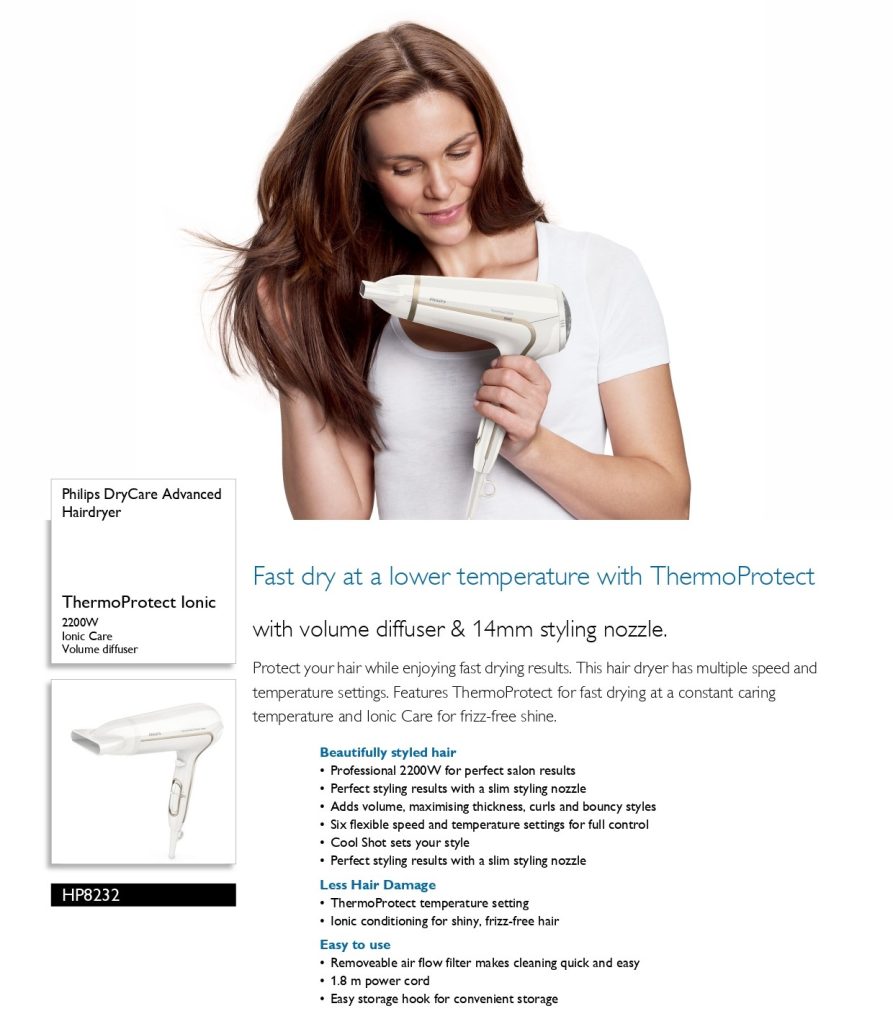 Philips Hair Dryer 2200 Watt Ionic Care With Diff User, White – HP8232 ...