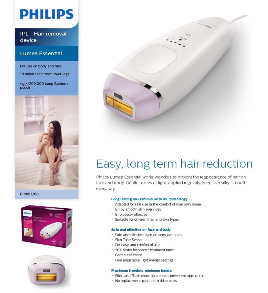 Philips Lumea Essential IPL Hair Removal Device, White – BRI863/60 ...