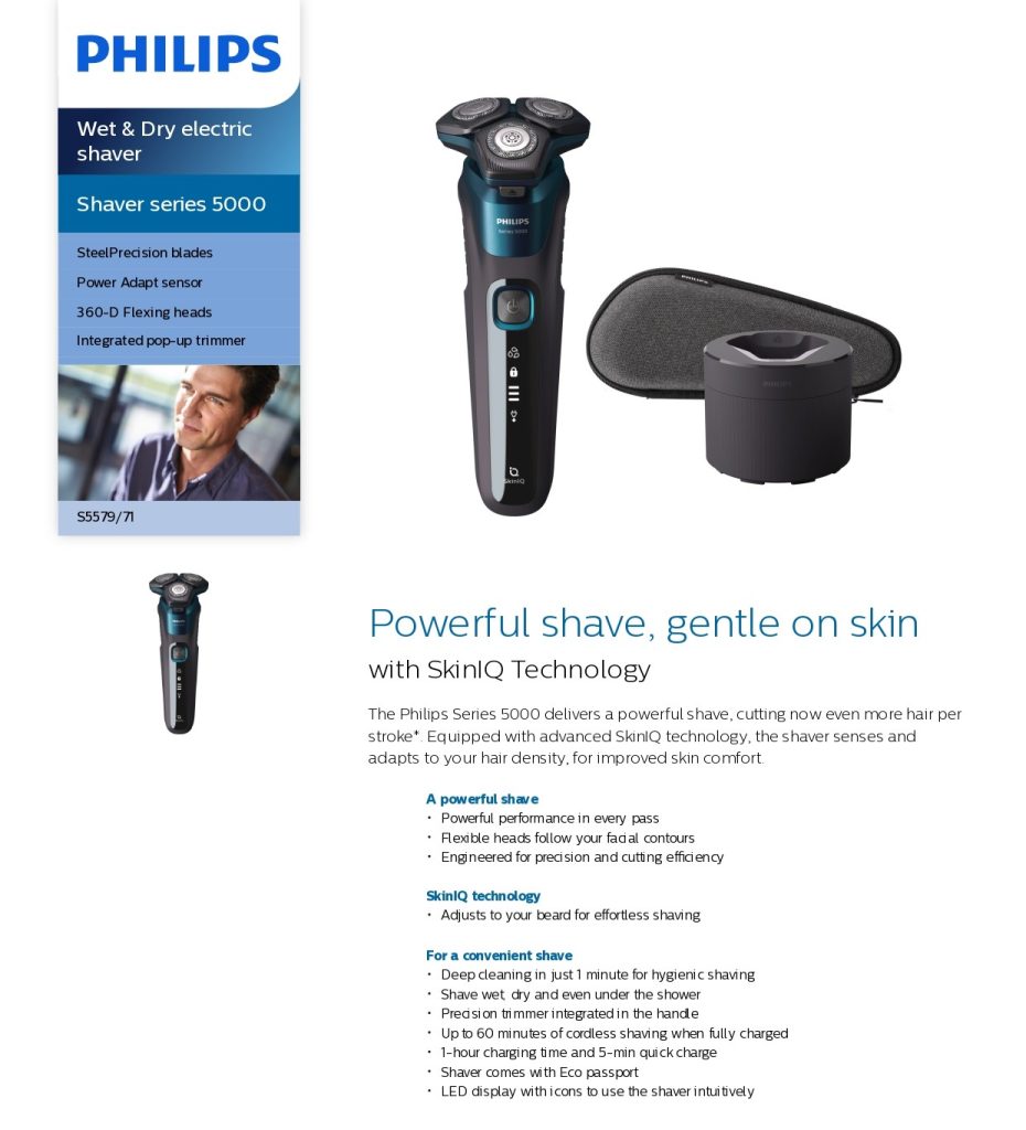 Philips Shaver Series 5000 Wet & Dry Electric Shaver, Electric Blue ...