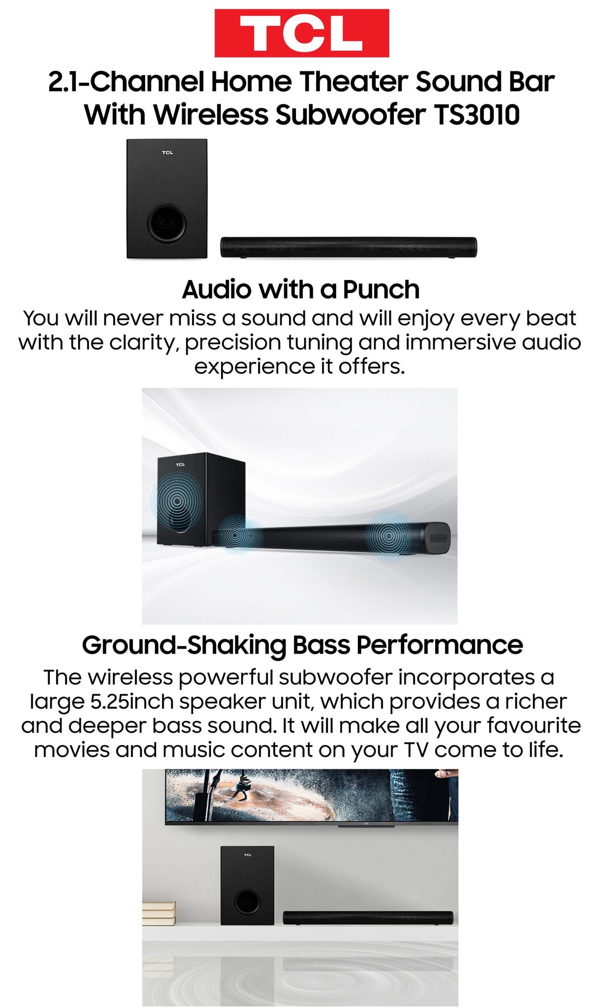 TCL Channel 2.1 Soundbar With HDMI (ARC) & Wireless Subwoofer 160W ...