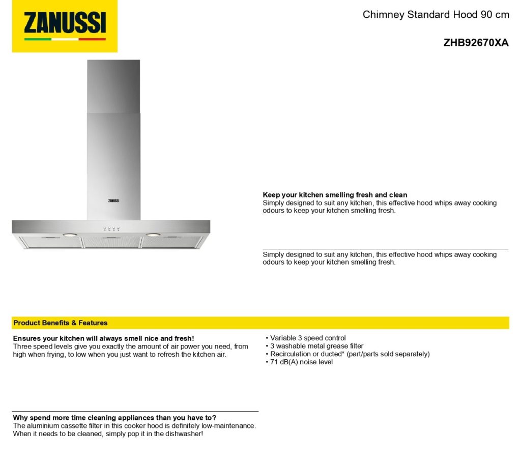 Zanussi ZHB92670XA 90cm Chimney Cooker Hood | PLUGnPOINT