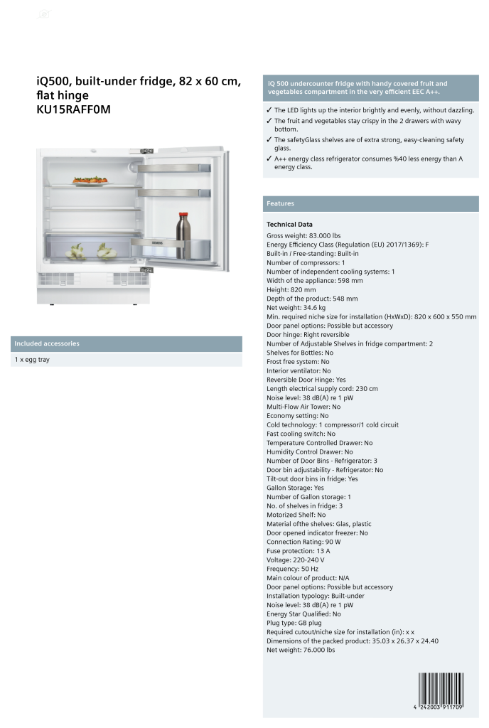 Siemens KU15RAFFOM Built in Under Counter Refrigerator 137L
