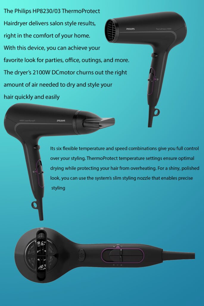 Philips ThermoProtect Hairdryer 2100W Cool Shot Slim Styling Nozzle 6 ...