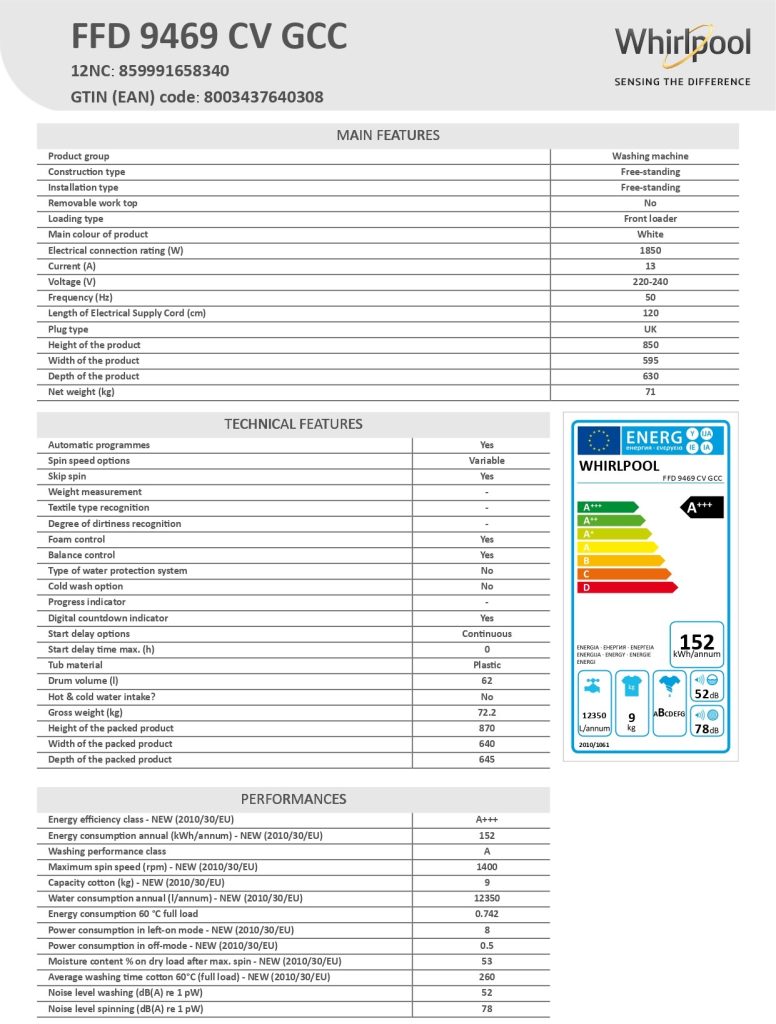 Whirlpool 9kg Front Load Washing Machine - FFD 9469 CV GCC