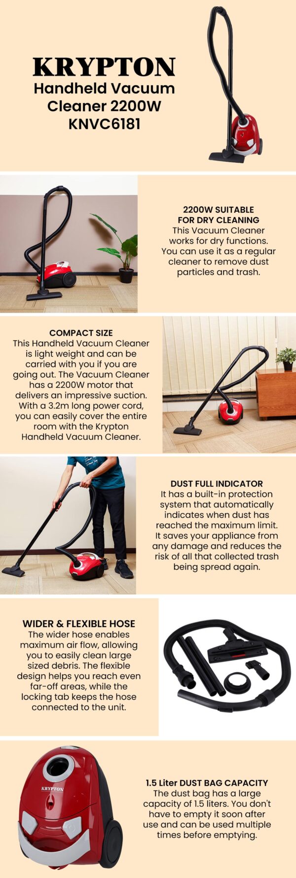 Krypton 2200 W Handheld Vacuum Cleaner, Red and Black – KNVC6181 ...