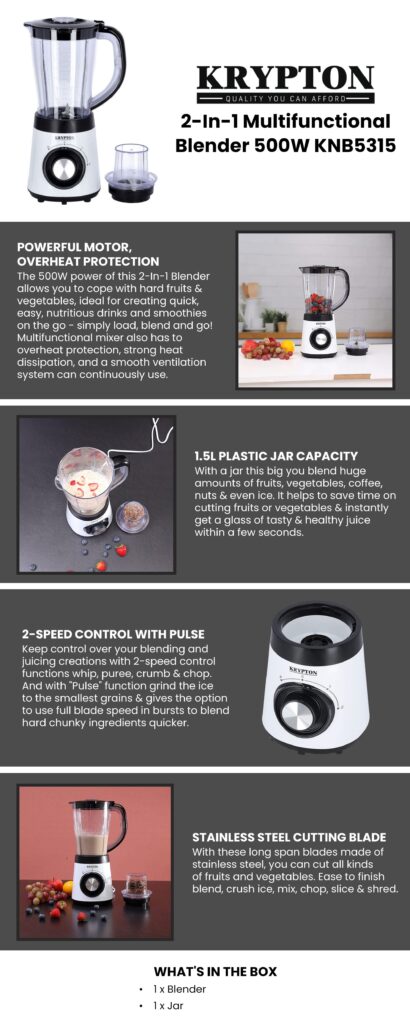 Krypton 2-In-1 Multifunctional Blender 1.5L 500W, White and Black ...