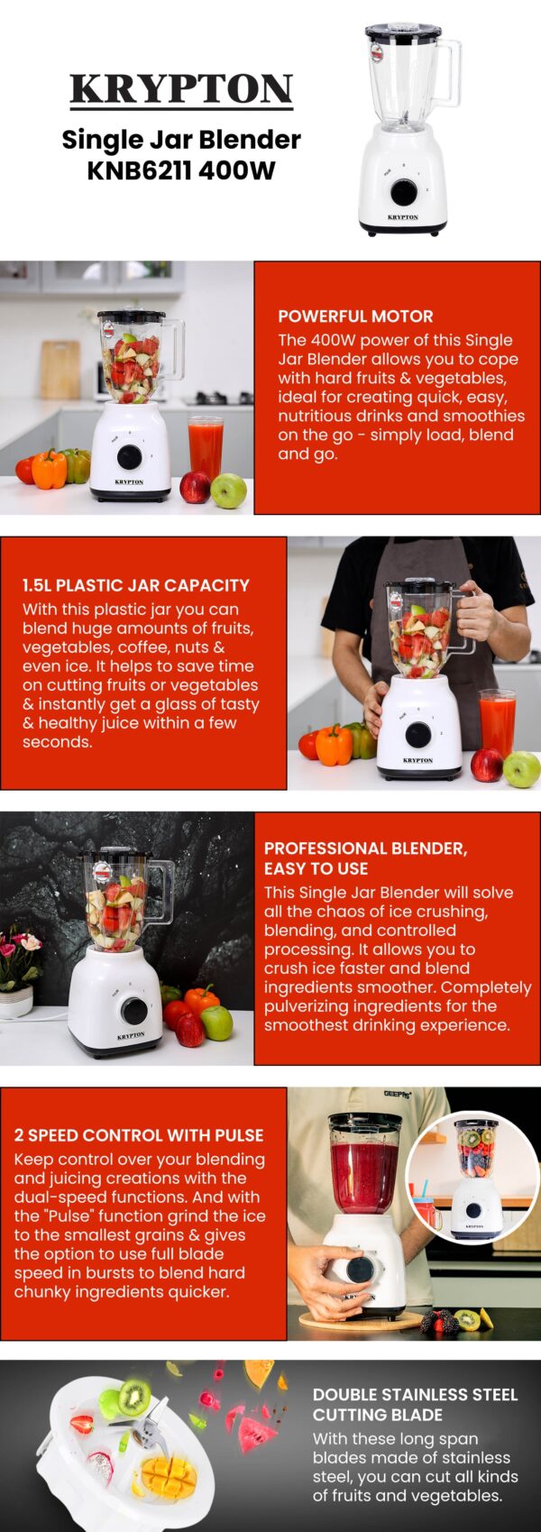 Krypton Blender with 1.5L Unbreakable PC Jar, White – KNB6211 ...