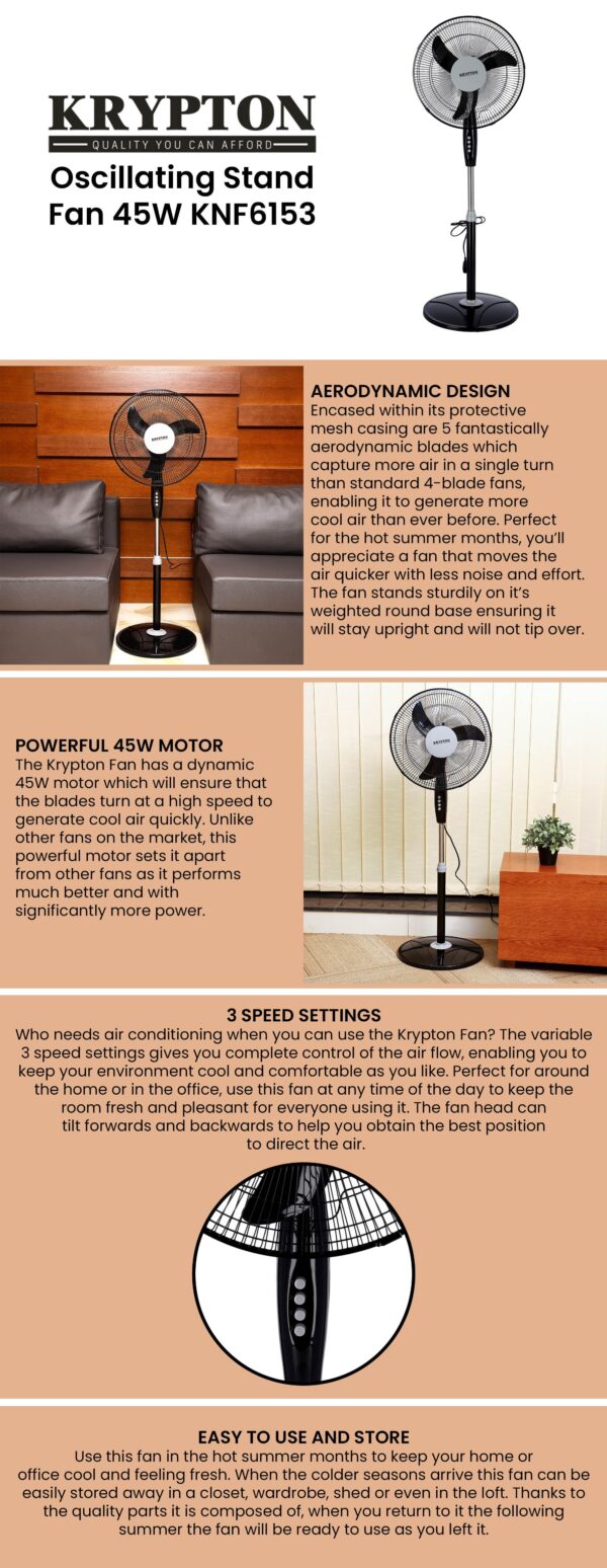 Krypton 16 Inch Oscillating Stand Fan 3 Speeds, Black – KNF6153 ...