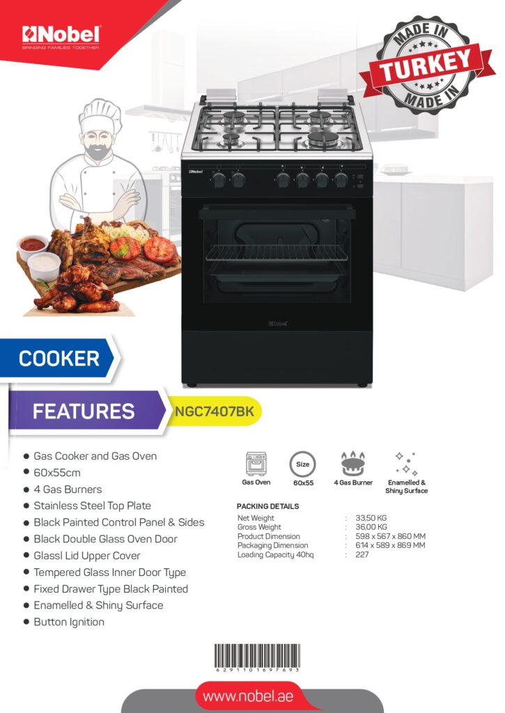 Nobel NGC7407BK Gas Cooker 4 Burner 60 X 55 Cm | PLUGnPOINT