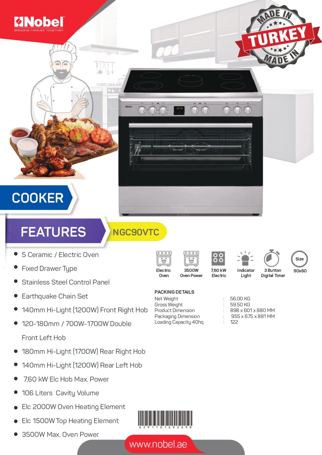 Nobel NGC90VTC Ceramic Cooker 90X60 cm | PLUGnPOINT