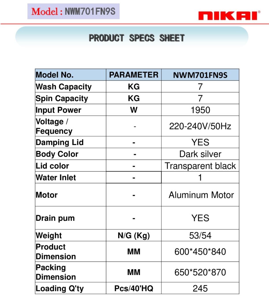 Nikai 7kg Front Load Washing Machine - NWM701FN9S