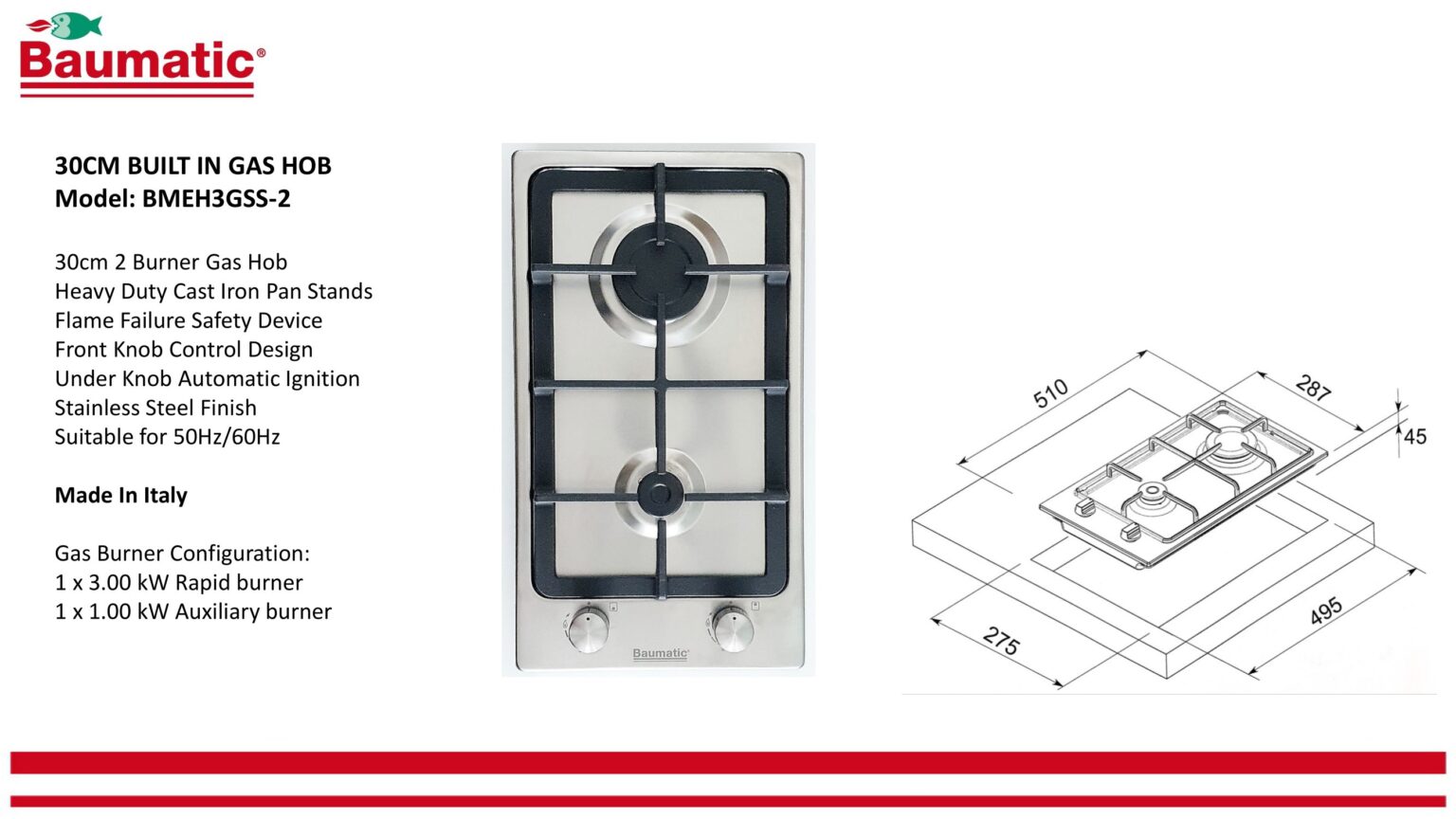 Buy Baumatic BMEH3GSS-2 30cm 2 burner gas hobs | PLUGnPOINT
