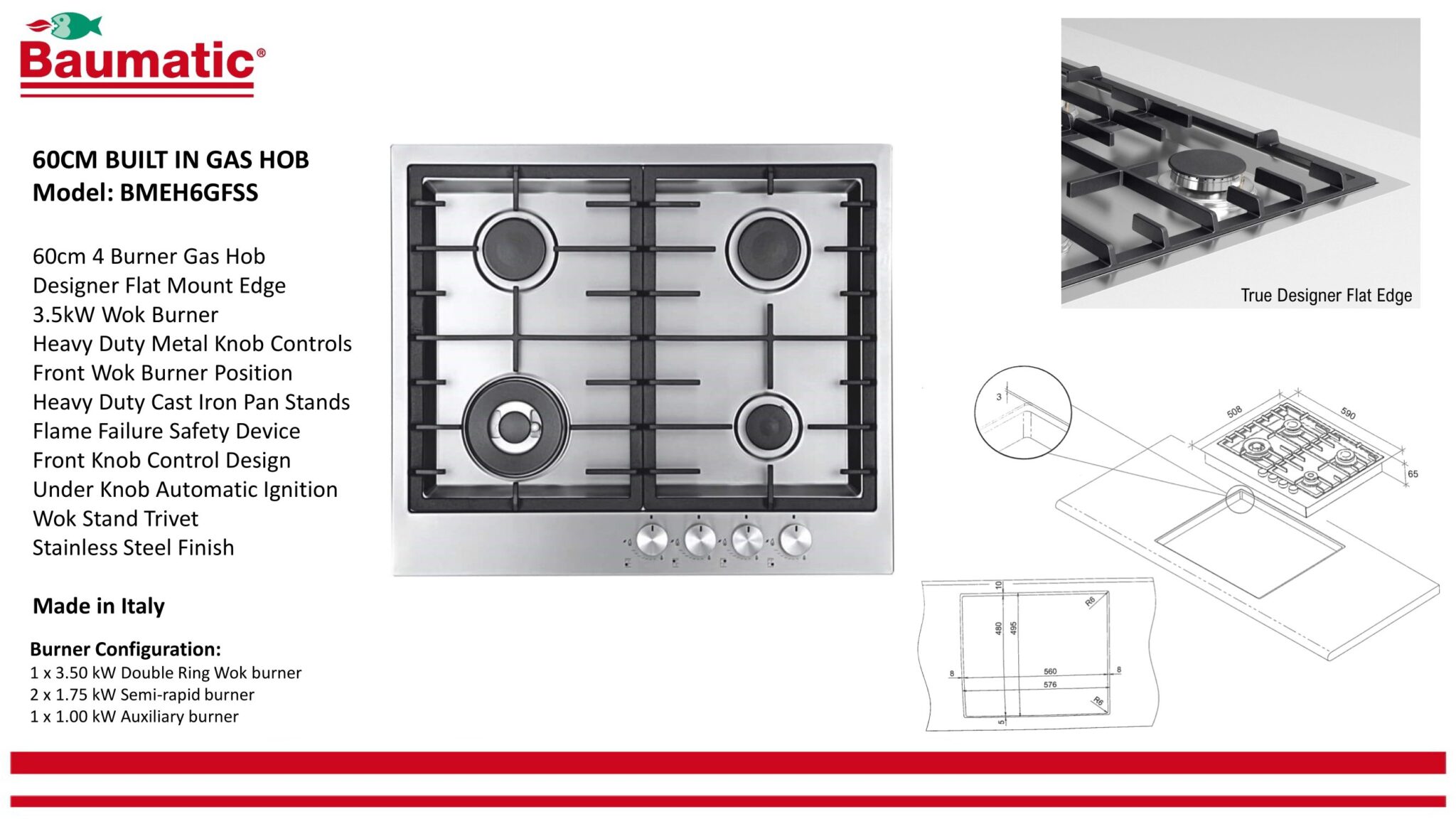 Baumatic BMEH6GFSS 4 Burner Built-in Gas Hob | PLUGnPOINT