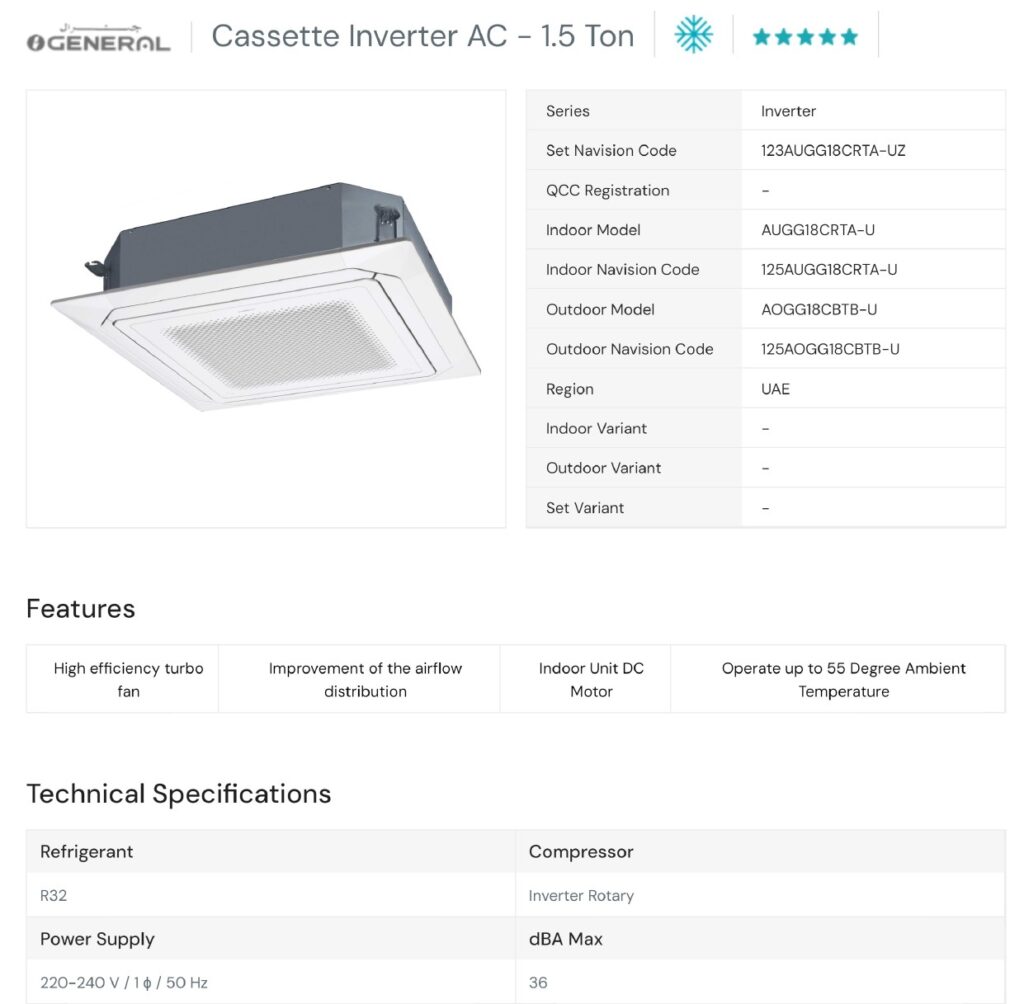 O General Cassette Inverter Air Conditioner 1.5 Ton, R32 Refrigerant ...