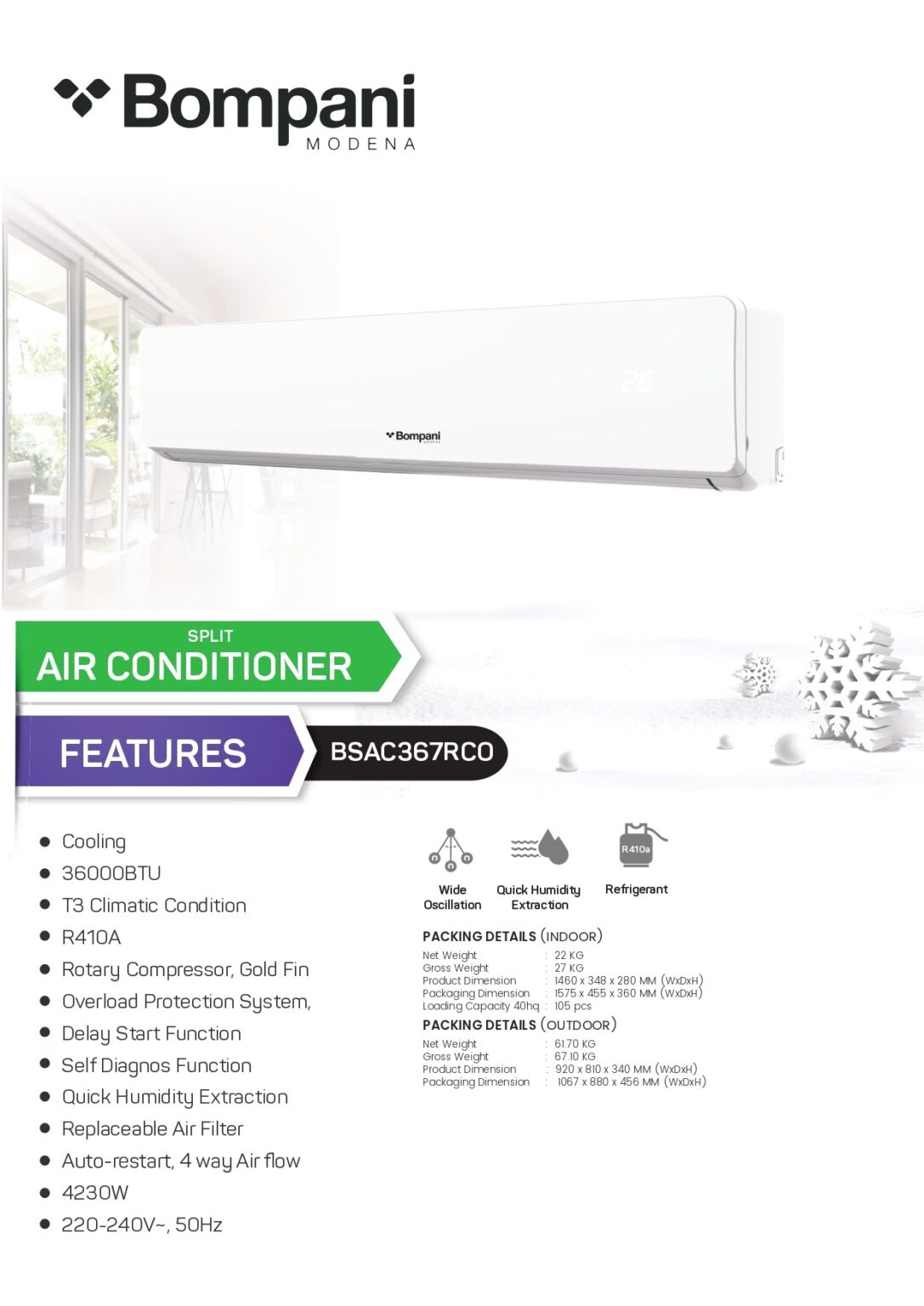 Bompani Split Air Conditioner 3 Ton BSAC367RCO | PLUGnPOINT
