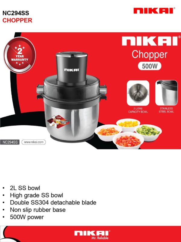 Nikai NC294S Chopper 500 Watts With 2 Ltrs Stainless Steel Bowl