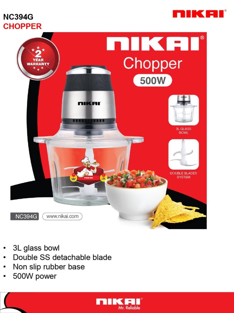 Nikai NC394G Chopper 500 Watts With 3 Ltrs Glass Bowl